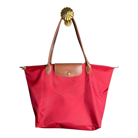 Longchamp | Bags | Longchamp Le Pliage Medium Red Nylon Tote Bag Brown ...
